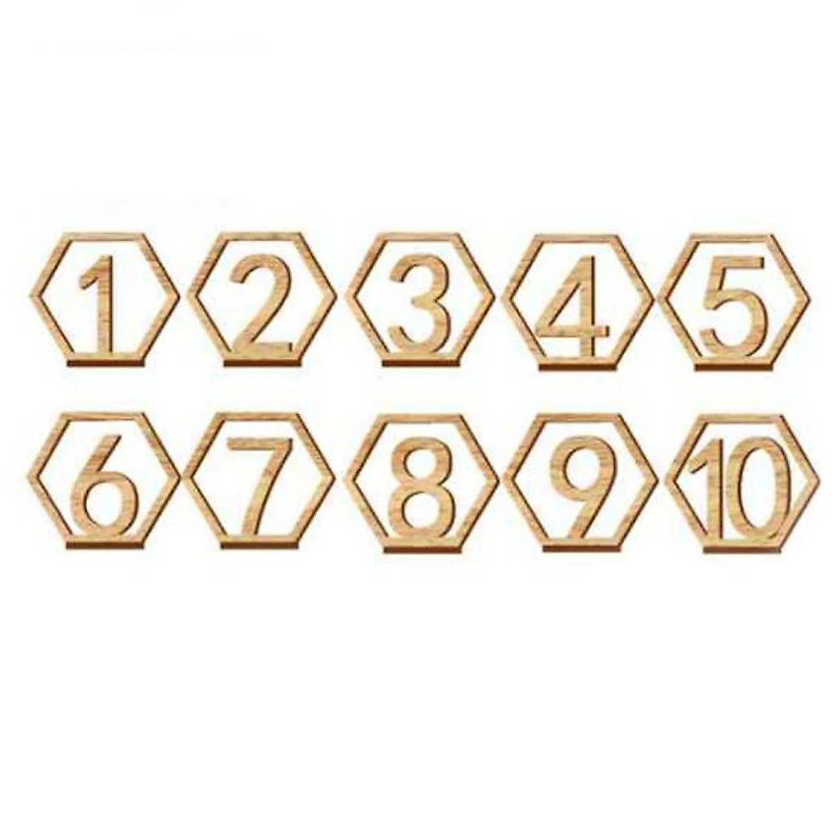 esowemsn 10pcs Wooden Table Numbers 1-10 Hexagon Shape Wedding Table Numbers with Holder Base DIY Floral Table Number Sign Stand for Wedding Party Event Catering Decoration