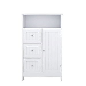 Knocbel Bathroom Floor Storage Cabinet with 3 Drawers, Open Compartment and Single Door, Free Standing Bath Organizer Unit, 23.6" W x 11.8" D x 39.6" H (White)