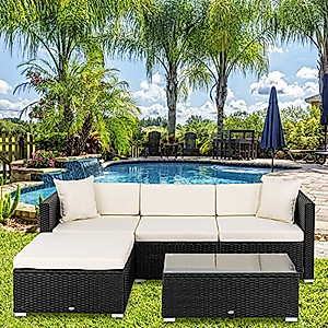 CharaVector Patio Furniture Set, Outdoor Sectional Rattan Sofa Wicker Conversation Couch Set 5 Pieces with Pillows&Coffee Table&Thick Cushions for Backyard Garden Poolside