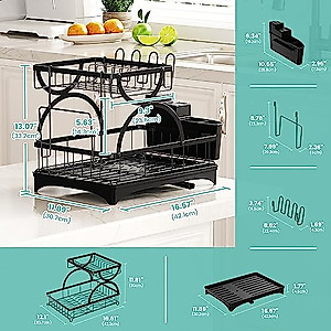 Elerator Dish Drying Racks for Kitchen Counter, Large 2 Tier Dish Rack with Drainboard, Rust-Proof Metal Dish Drainers with Detachable Cup Holder, Cutlery Holder, Cutting Board Holder.