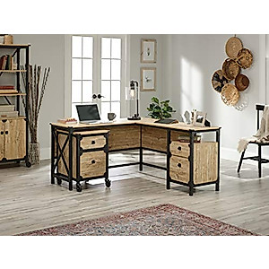 Sauder Steel River L-Shaped Desk, L: 59.84" x W: 57.32" x H: 29.53", Milled Mesquite Finish & Steel River Pedestal File Cabinet, L: 20.87" x W: 23.86" x H: 26.58", Milled Mesquite Finish