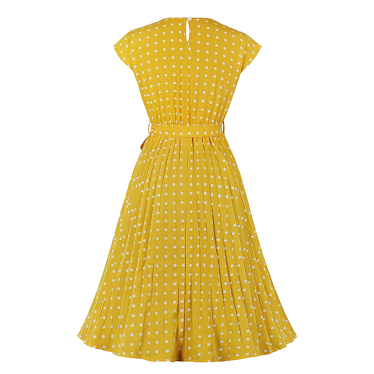 Wellwits Women's Cap Sleeves Pleated 40s 50s Vintage Dress Yellow Polka Dots L