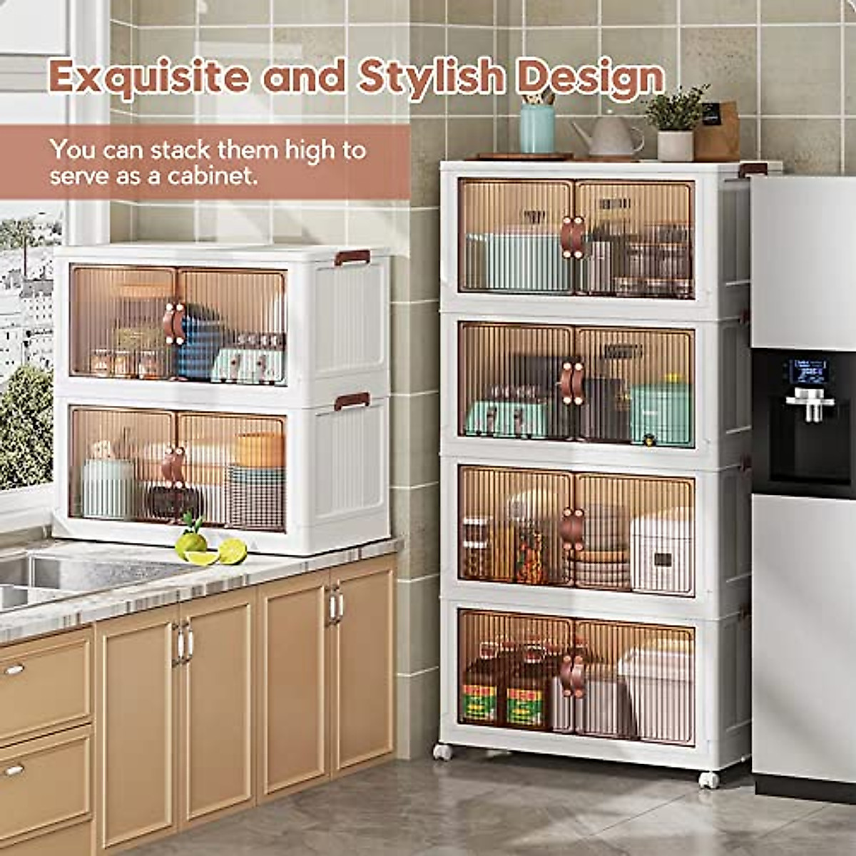Storage Bins with Lids,Stackable Cabinet Organizer with Caster Wheels,Collapsible Toy Storage with Double Door,12Gal Foldable Plastic folding storage boxes set 3 for Home
