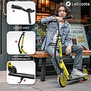 LaScoota Kick Scooter for Adults & Teens. Perfect for Youth 12 Years and Up and Men & Women. Lightweight Foldable Adult Scooter with Large 8” Wheels 220lbs (Regular (Teen), Yellow)
