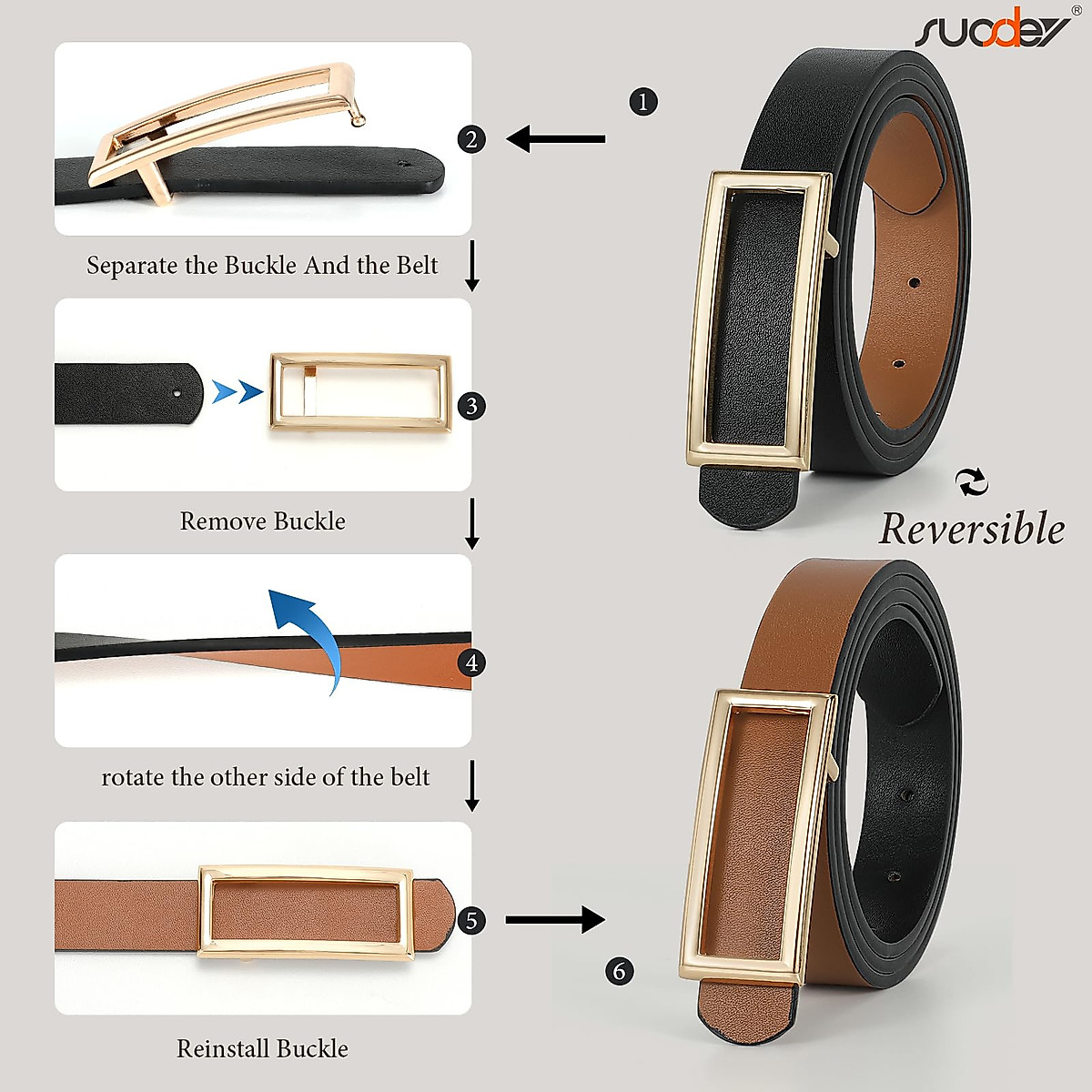 SUOSDEY Women Reversible Leather Belts for Jeans Pants Dresses Ladies Fashion Belts with Gold Buckle, 0.9" Width (Black/Brown)