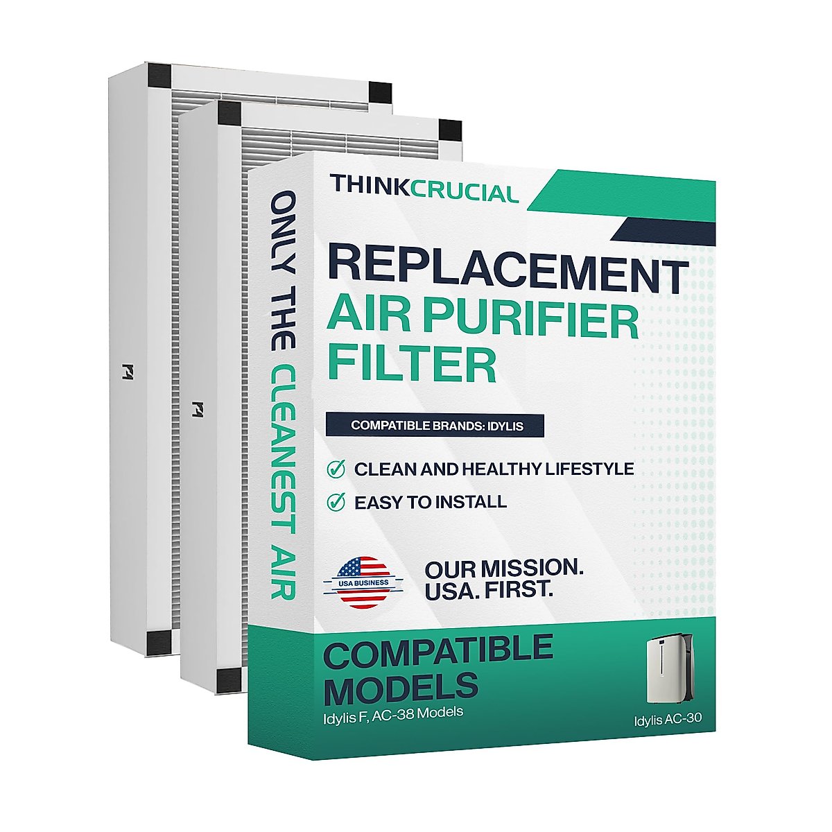 Think Crucial Replacement Air Purifier Filter with HEPA Filters - Compatible with Idylis Part # 560885 Filter - Fits Idylis F, AC-38 Models - Bulk (2 Pack)