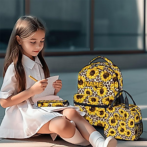 Homexzdiy Custom Kids Girls Backpack with Lunch Box Set, Set of 3 Sunflower School Backpacks Matching Combo, Personalized Fashion Yellow Bookbag and Pencil Case Bundle