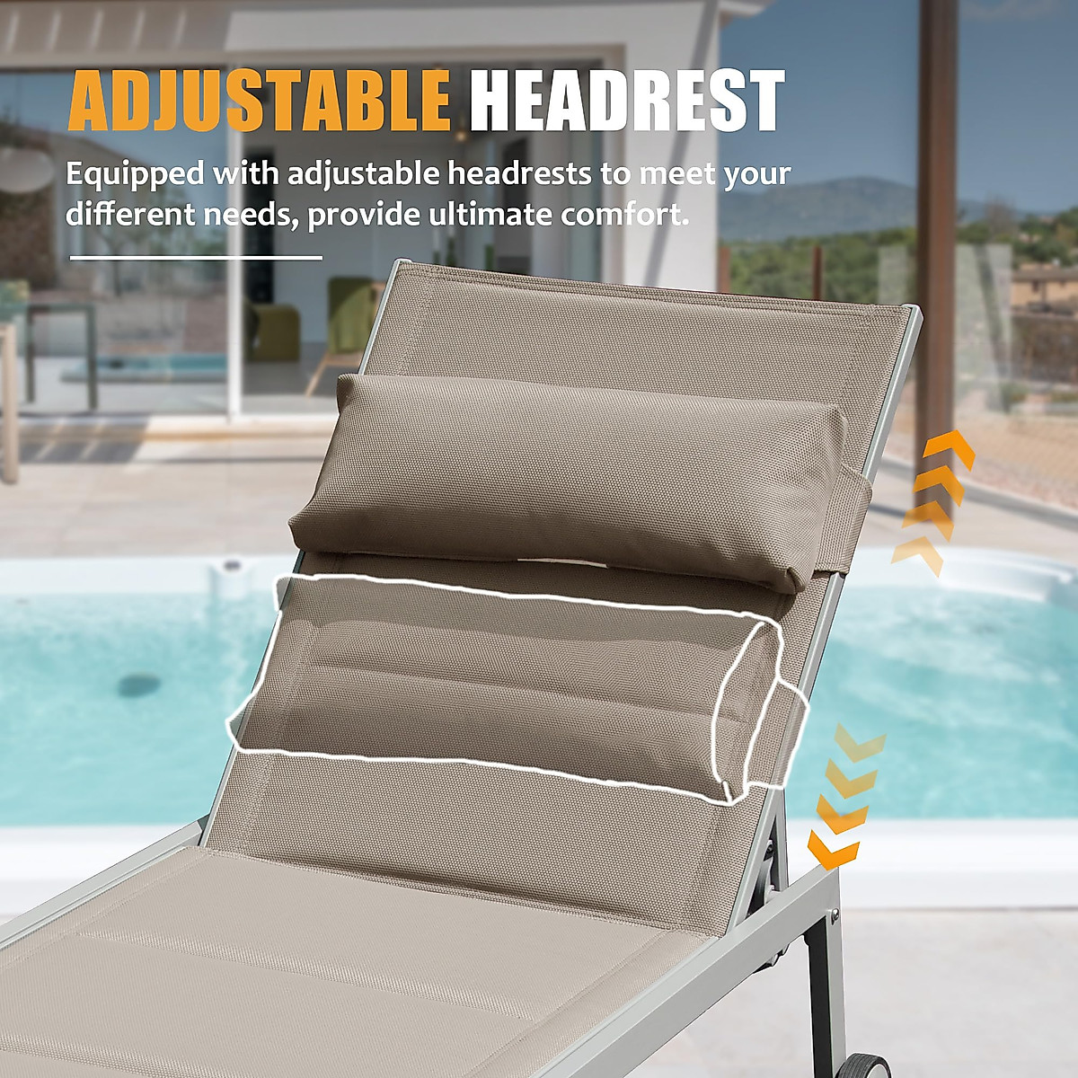 Domi Patio Chaise Lounge Set of 3, Aluminum Pool Lounge Chairs with Side Table and Wheels, Textilene Padded Adjustable Recliner All Weather for Patio Deck Poolside Beach Yard, Lawn, Khaki