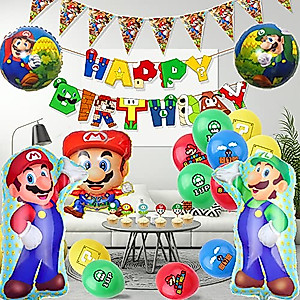 Su-perr M-arioo Birthday Party Supplies,44pcs Su-perr M-arioo Party Decorations Set-Su-perr M-arioo Bros Balloons,M-arioo Balloons Banner etc Su-perr M-arioo Theme Birthday Party Supplies for Boy Kids
