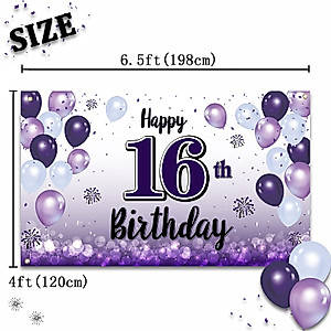 LASKYER Happy 16th Birthday Purple Large Banner - Cheers to Sixteen Years Old Birthday Home Wall Photoprop Backdrop,16th Birthday Party Decorations.
