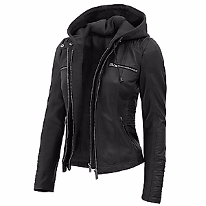 Blingsoul Hooded Womens Leather Jackets | [1313775] Helen Black, XL