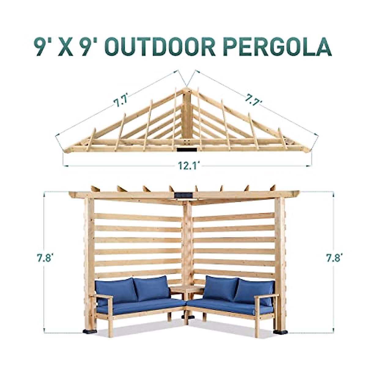 Endark 9x9 FT Solid Wood Pergola with Corner Seating and Table, Outdoor Patio Corner Pergola with Cushioned Sofa for Garden, Backyard, Poolside