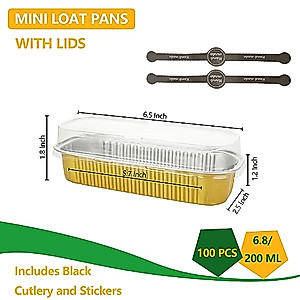 WOPPLXY 100 Pcs Mini Cake Pans with Lids, 6.8 Oz Mini Loaf Pans with Lids and Spoons, Aluminum Foil Mini Loaf Baking Pans Disposable Cake Pans with Lids for Cake Bread Muffin Wedding Birthday Party