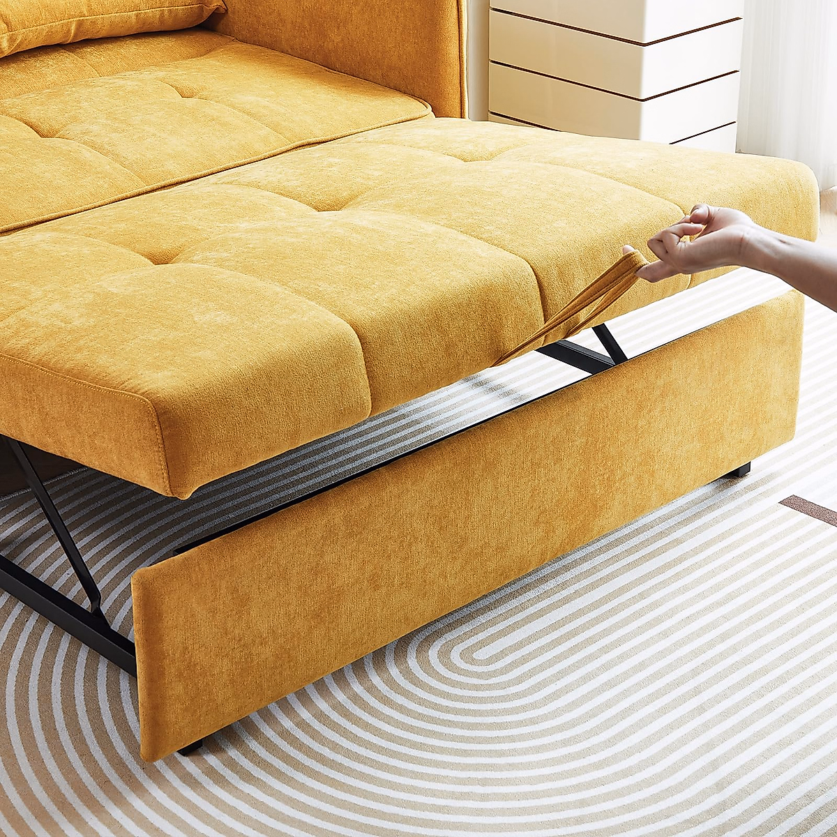 Convertible Sleeper Sofa Bed 3 in 1 Loveseat Couch Linen Small Sofa with Pull-Out Bed, Adjustable Backrest and Armrest, Futon Sofa with Side Pockets for Living Room Bedroom Apartment Small Space