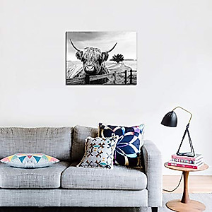 Highland Cow Canvas Black and White Landscape Pasture Hairy Cow Animal Wall Art Pictures Canvas Wall Art Farmhouse Prints Photo Contemporary Cow Decor Paintings Home Decoration Artwork 12"x16"