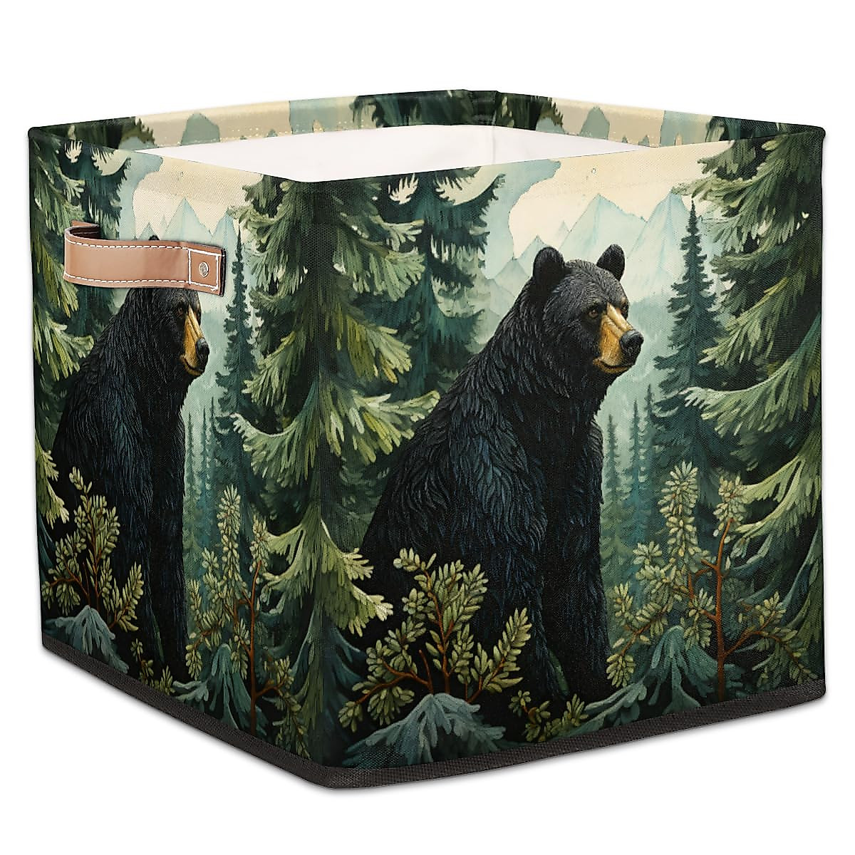 Tablerazzi Black Bear Forest Wild Animals Cube Storage Bin, 13 Inch Collapsible Fabric Storage Cube Bin, Foldable Cube Baskets for Shelf, Closet, Organizer