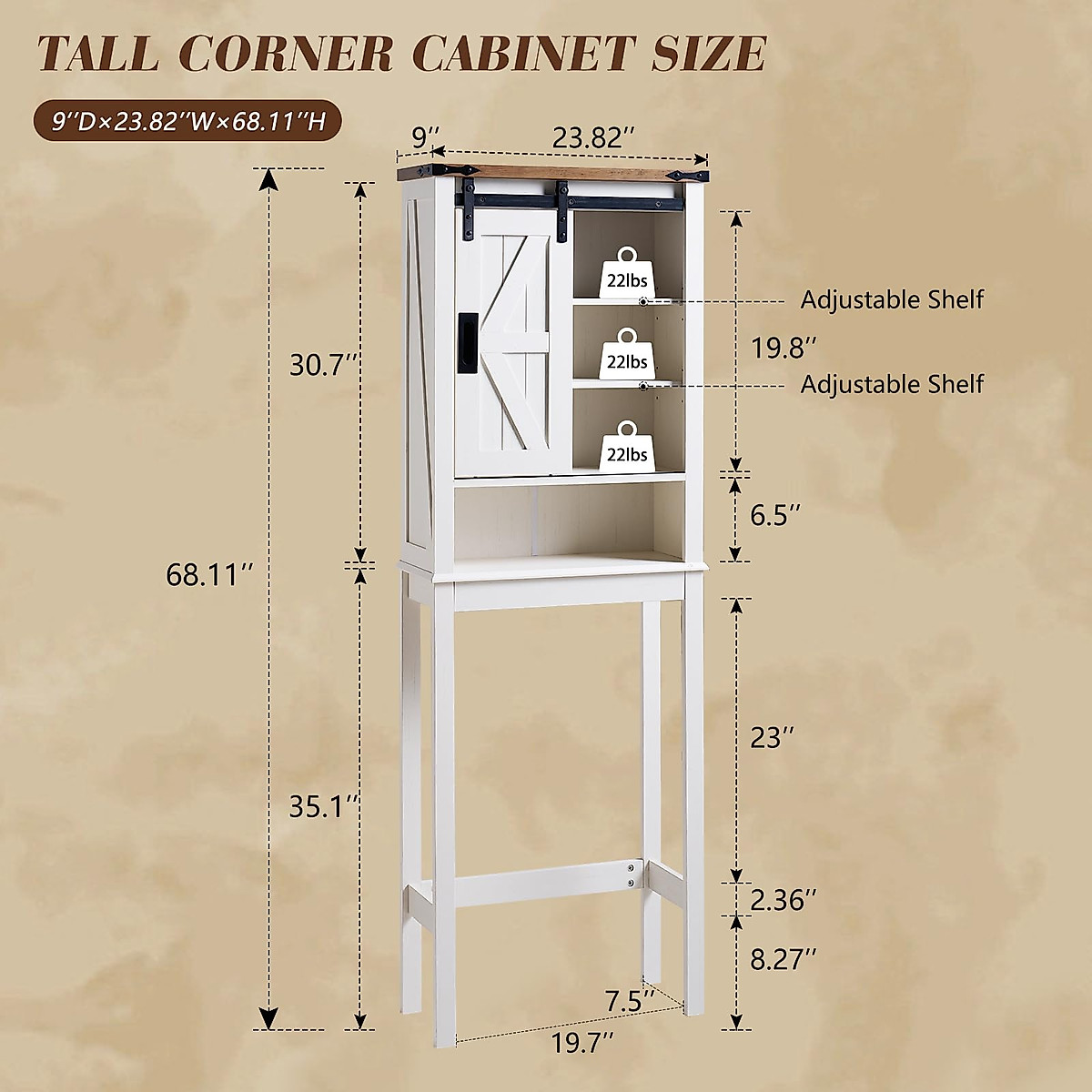 LUXOAK Farmhouse Over Toilet Cabinet, 68" Tall Toilet Organizer Stand with Sliding Barn Door & Adjustable Shelf, Above Toilet Storage for Bathroom, Laundry Room, Rustic Oak & White