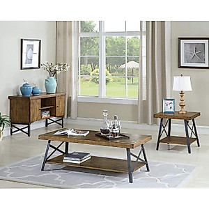 Emerald Home Furnishings Chandler Rustic Industrial Solid Wood and Steel Coffee Table with Open Shelf, Pine Brown,48"