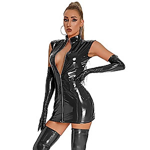 Women’s Sexy PU Leather Catsuit Shiny Latex Jumpsuit One-Piece PVC Outfit Tight Zipper Front Bodysuit Cosplay Costumes Black M