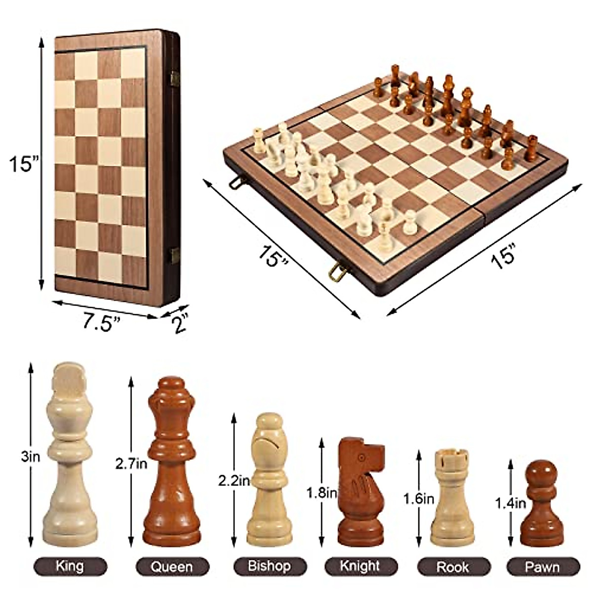 Anzid 15" x 15"Chess,Magnetic Suction Chess,2 Queen Chess Checkers 2-in-1 Chess Board Set,Portable Folding Chess,Magnetic Suction Piece & Storage Box,Beginner Chess Sets for Children and Adults