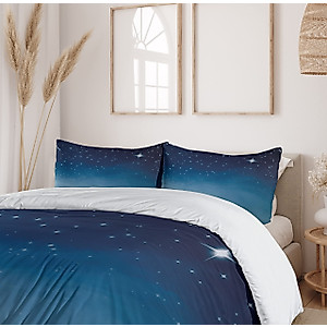 Ambesonne Night Duvet Cover Set, Ombre Inspired Sky Vibrant Stars Universe Astronomy Exploration, Decorative 3 Piece Bedding Set with 2 Pillow Shams, King Size, Pale Blue Dark Blue
