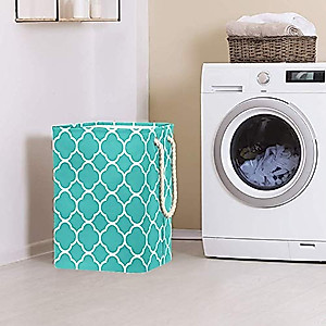 AISSO Large Laundry Hamper Basket Waterproof Dirty Cloth Storage Bins with Handle for Bedroom Laundry Room Bathroom Quatrefoil Pattern Teal Green Seamless Design