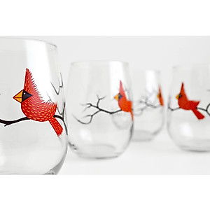 Bird Glassware Set of 4 Stemless Wine Glasses, Cardinal, Bluebird, Yellow Finch, Hummingbird Glass Collection