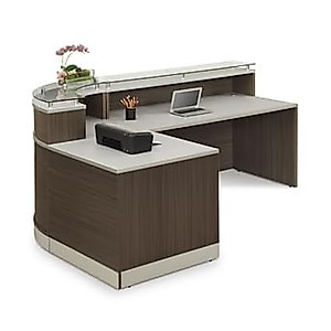 NBF Modern Reception Desk with Counter, Front Desk, Retail Checkout Counter, L Shaped, Office, Lobby, Salon, Store, Curved, 79" W x 63" D, Driftwood