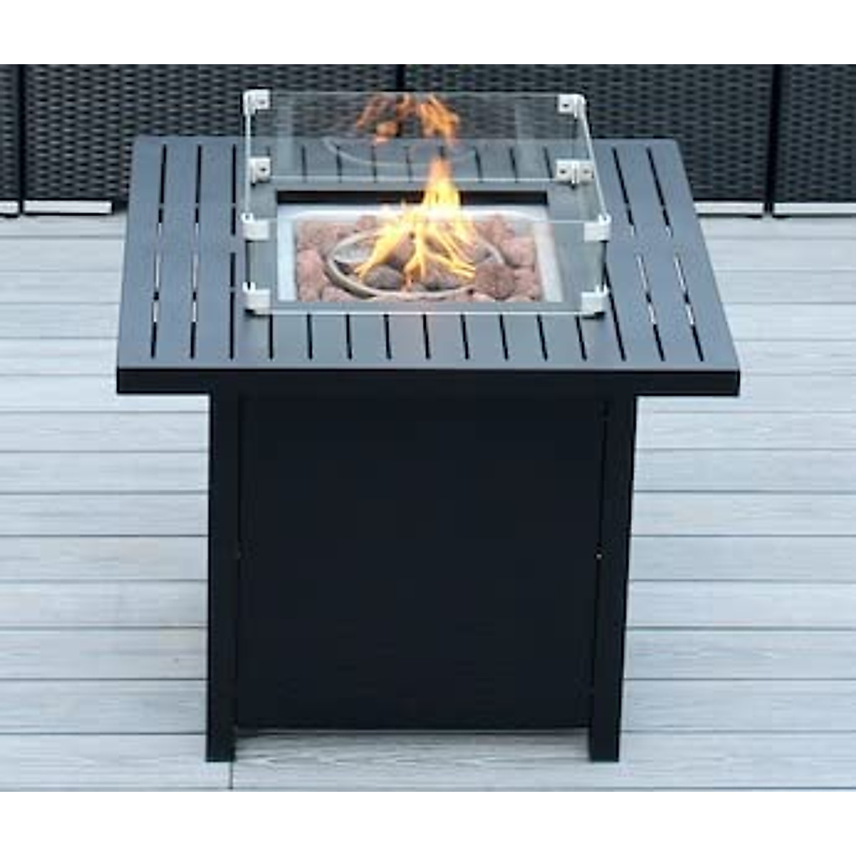 Ohana Depot Outdoor Patio Wicker Furniture 9 pc Sectional Set with 50,000 BTU Gas Fire Pit Table - No Assembly with Free Patio Cover (Gray Cover)