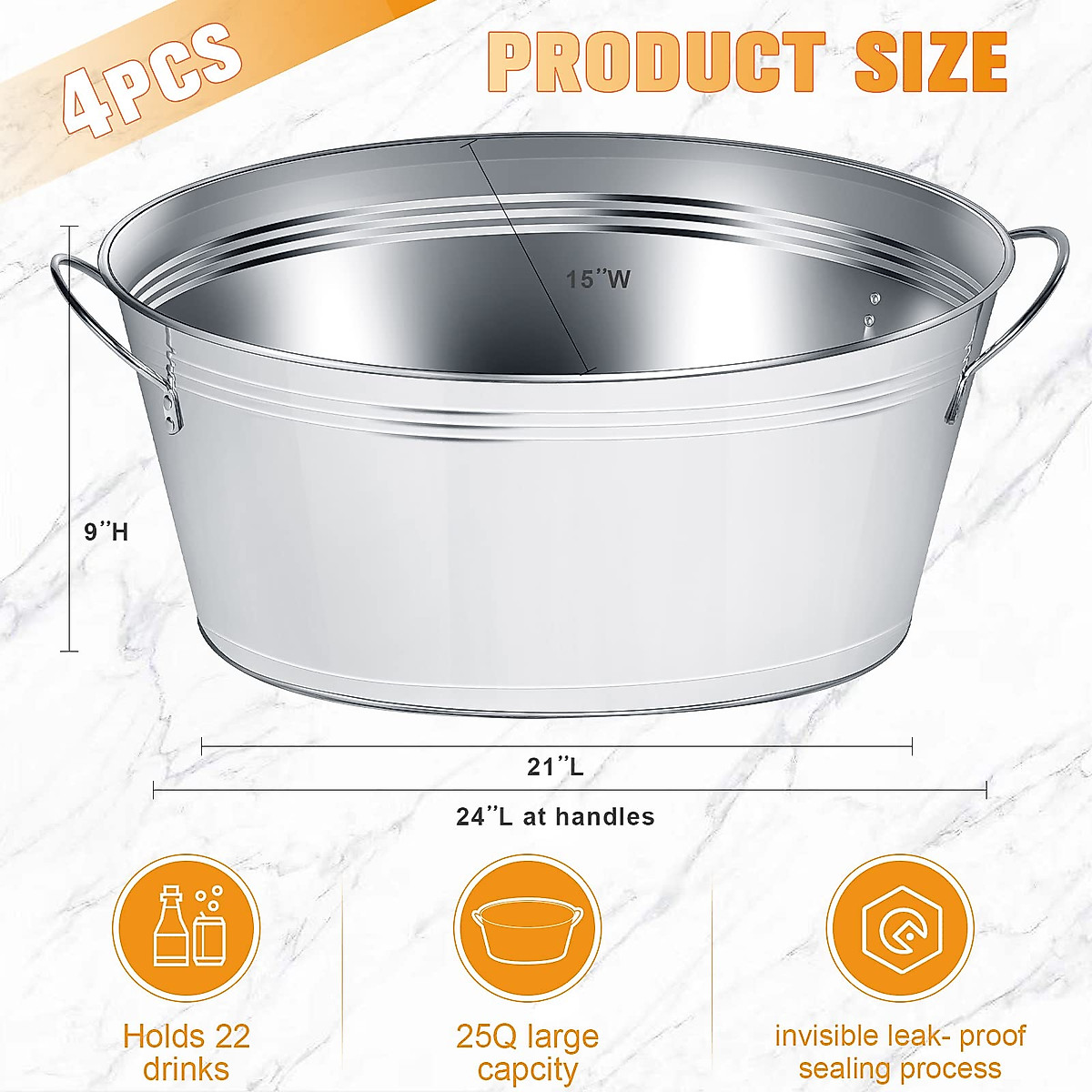Gerrii 4 Pcs Beverage Tub 24L 6.5 Gallon Ice Buckets Beverage Galvanized Bucket Party Drinking Bucket with Handles Large Ice Drinking Bucket for Party Wedding Bar Wine Beer Champagne Bottle Cooler