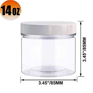 HoleviFO 14oz (420 ml 12 Pack) Empty Clear Wide Mouth Plastic Jars with Lids and Labels -PET Containers Great for Cream,Cosmetics,Slime Storage Jars - BPA Free (White Lids)