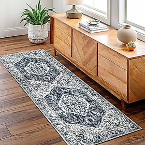 KOZYFLY Runners for Hallways 2x6 Ft Washable Kitchen Runner Rug Boho Runner Rug for Entryway Indoor Grey Oriental Faux Wool Bathroom Runner Rug Floor Carpet Runner for Bedroom Kitchen Hall