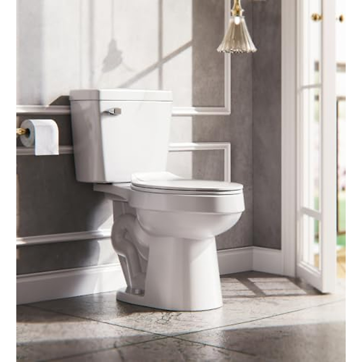 White 2-piece Elongated Toilet with Standard 12-in Rough-in, ELLAI Powerful Single Flush 1.28 GPF ADA Chair Height Toilet (Seat Included)