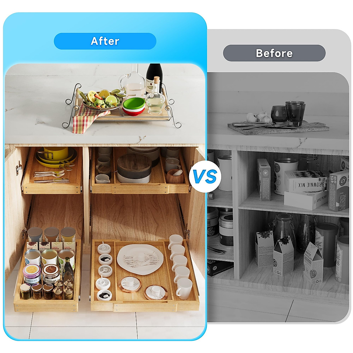 LOCVCDA Expandable Pull Out Cabinet Organizer, 16.3"~25.9"x22" Adjustable Width Wood Cabinet Pull Out Shelves Slide Out Wooden Drawer Storage Shelves for Kitchen(Style 2/1pack)