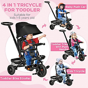 Qaba Kids Tricycle 4 in 1 Trike with Reversible Seat, 2.8'-3.1' Height Push Handle, Canopy, Handrail, Safety Belt, Storage Footrest Brake Clutch, for 1-5 Years Old, Black