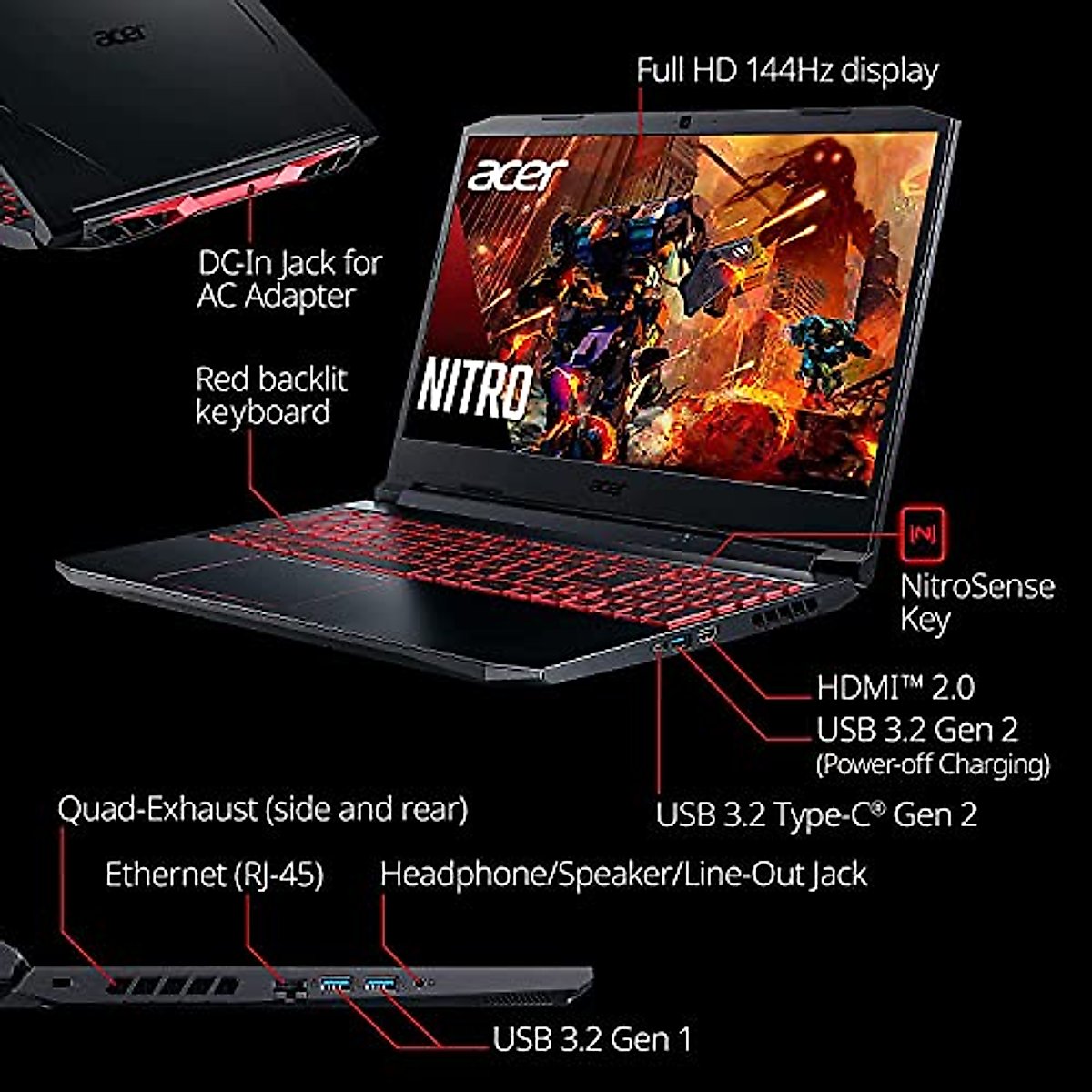 acer Nitro 5 Gaming Laptop, 15.6" FHD 144Hz IPS Display, Intel Core i5-10300H Processor, GeForce RTX 3050 Laptop Graphics, 32GB DDR4, 1TB NVMe SSD, Intel Wi-Fi 6, Backlit Keyboard, Windows 10