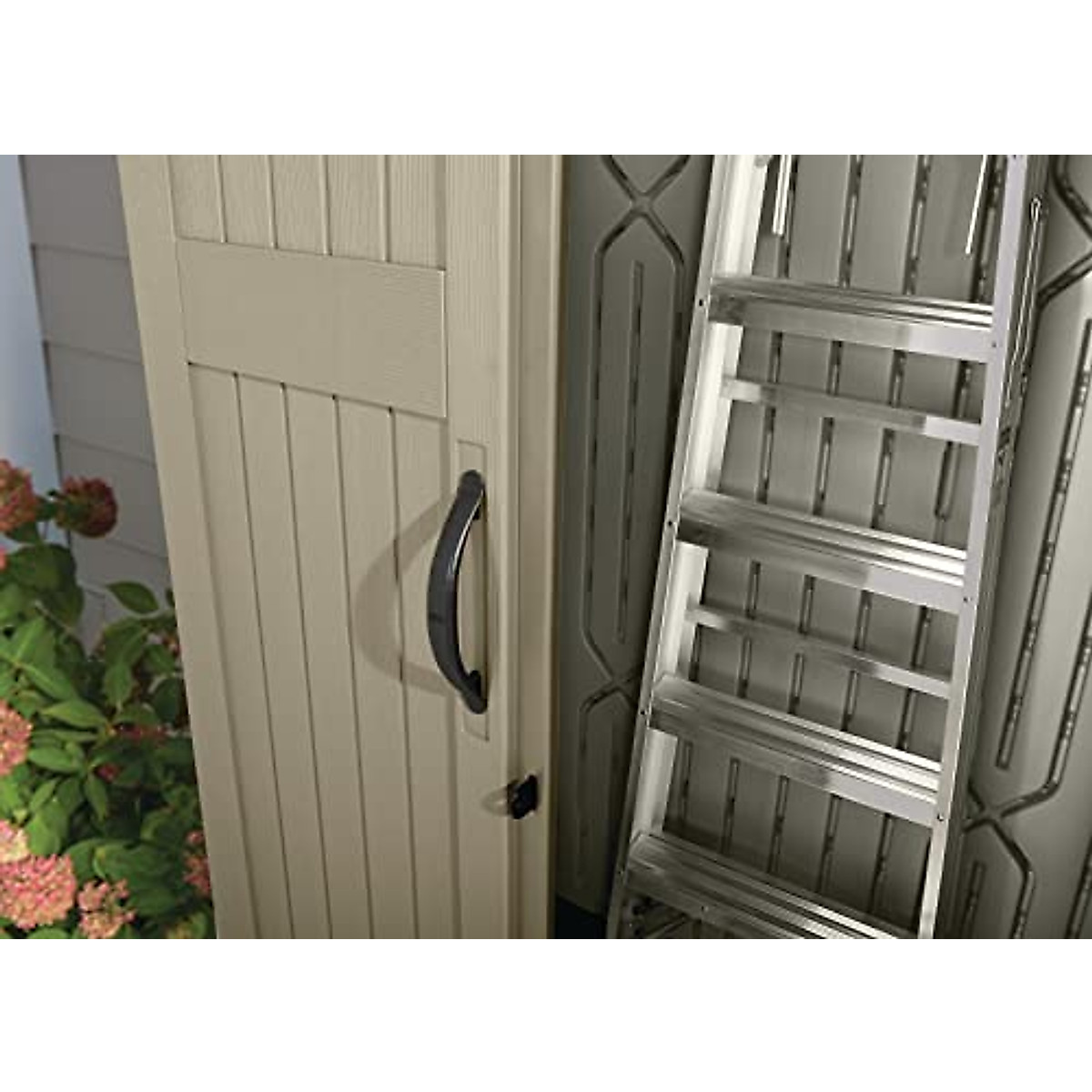 Rubbermaid Outdoor Small Vertical Resin Storage Shed, 5x2 Feet, Brown, Weather Resistant Utility Shed with Lock for Storage for Lawn Accessories/Power Tools/Outdoor Toys/Hose