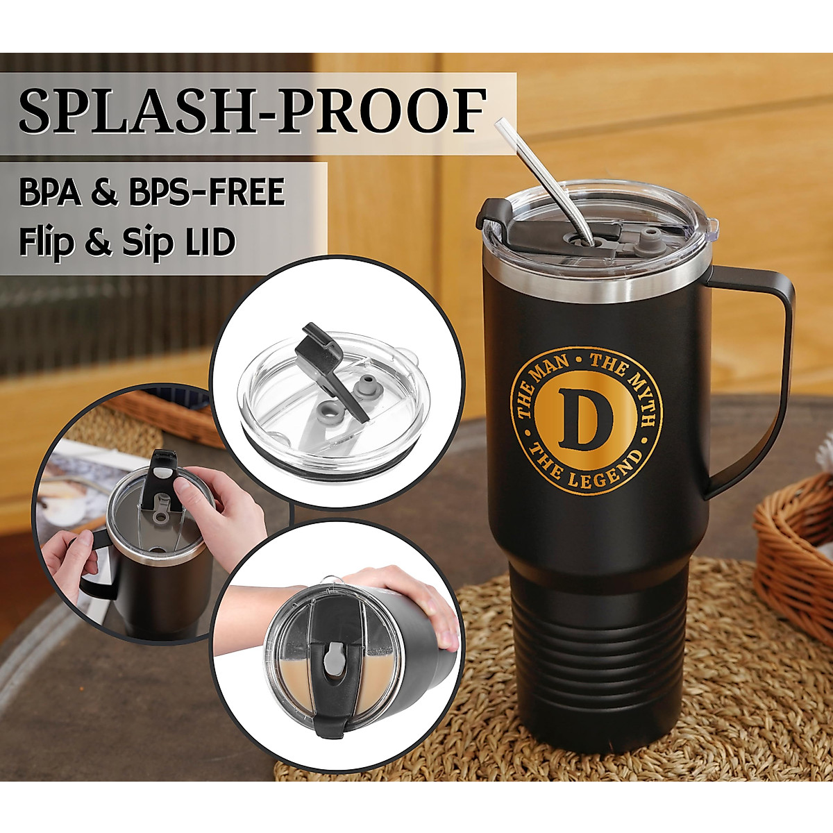 Monogrammed 40oz Tumbler with Handle for Men, Funny Personalized Tumbler, Unique Birthday Christmas Gifts for Him, the Man the Myth the Legend, M