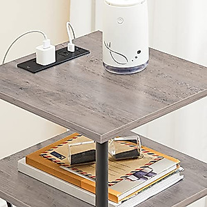 HOOBRO Set of 2 Side Tables with Charging Station and USB Ports, 3-Layer Stackable Nightstands, End Tables for Small Spaces in Bedroom, Living Room, Industrial Style, Greige and Black BG10UBZP201