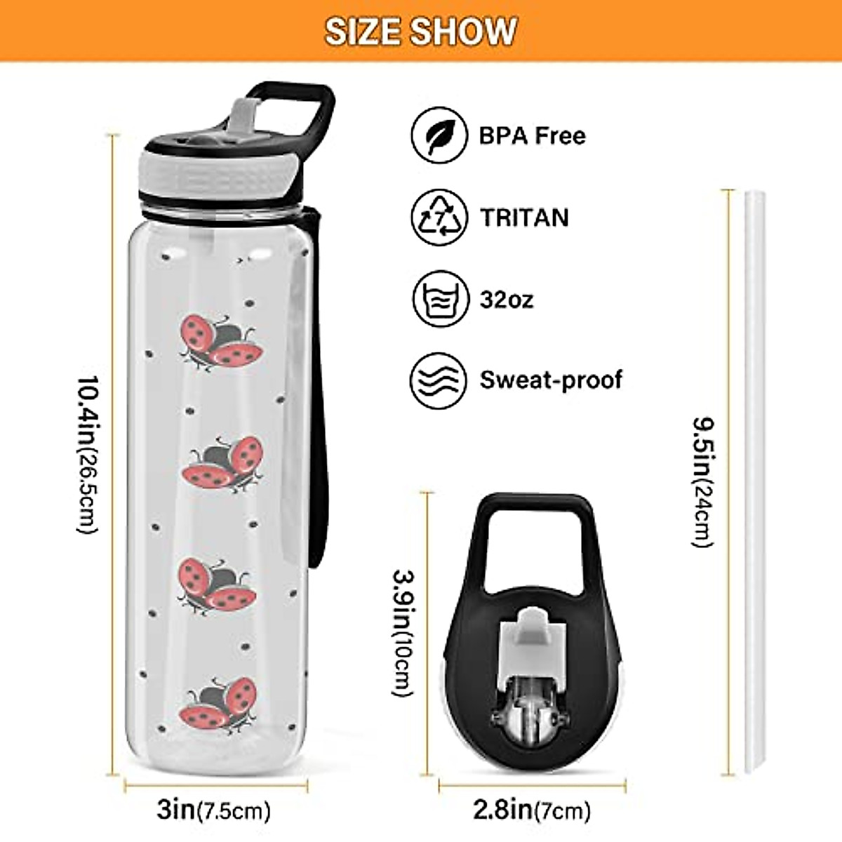 xigua Ladybug Water Bottle with Straw Lid,32 oz Leakproof Sport Water Bottle with Wide Handle for Gym,Cycling,School,Travel
