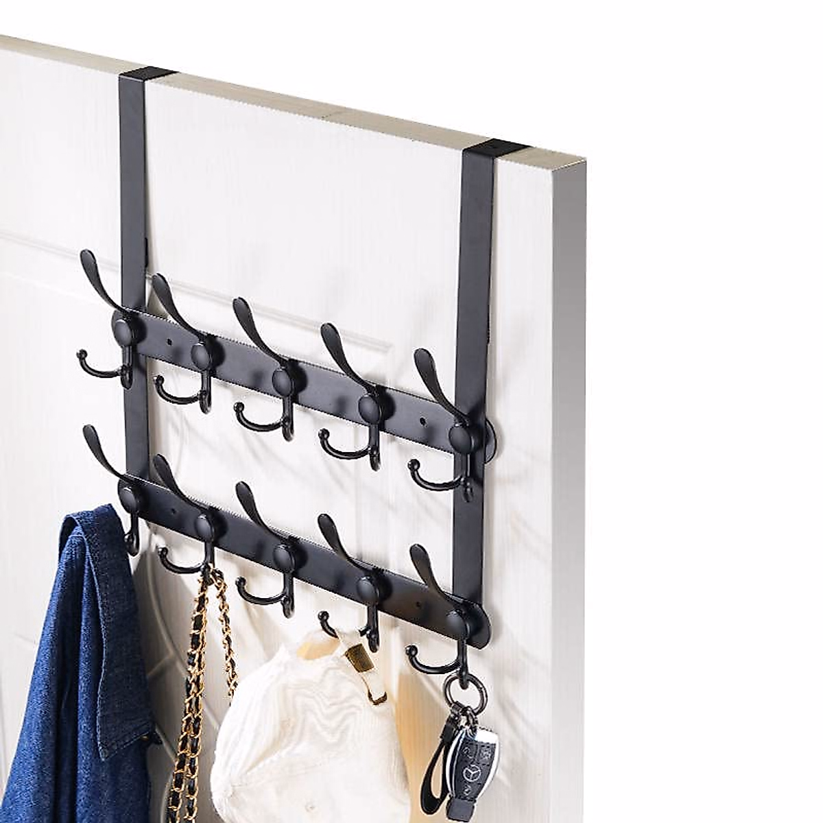 Over The Door Belt Organizer Rack, Holds Over 60 Large Belts, Heavy Duty Metal Storage Holder with Triple-Hook Design, Tie & Scarf Display Hanger for Closet, Bedroom Door, Bra Hanger- 2-Tier, Black