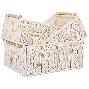 LaMorée Large Boho Macrame Storage Baskets 3 PCS Cotton Rope Hand Woven Bin Set with Natural Wooden Handles & Beads Decorative Wicker Boxes for Tabletop Book Shelf Bathroom Organizer Container