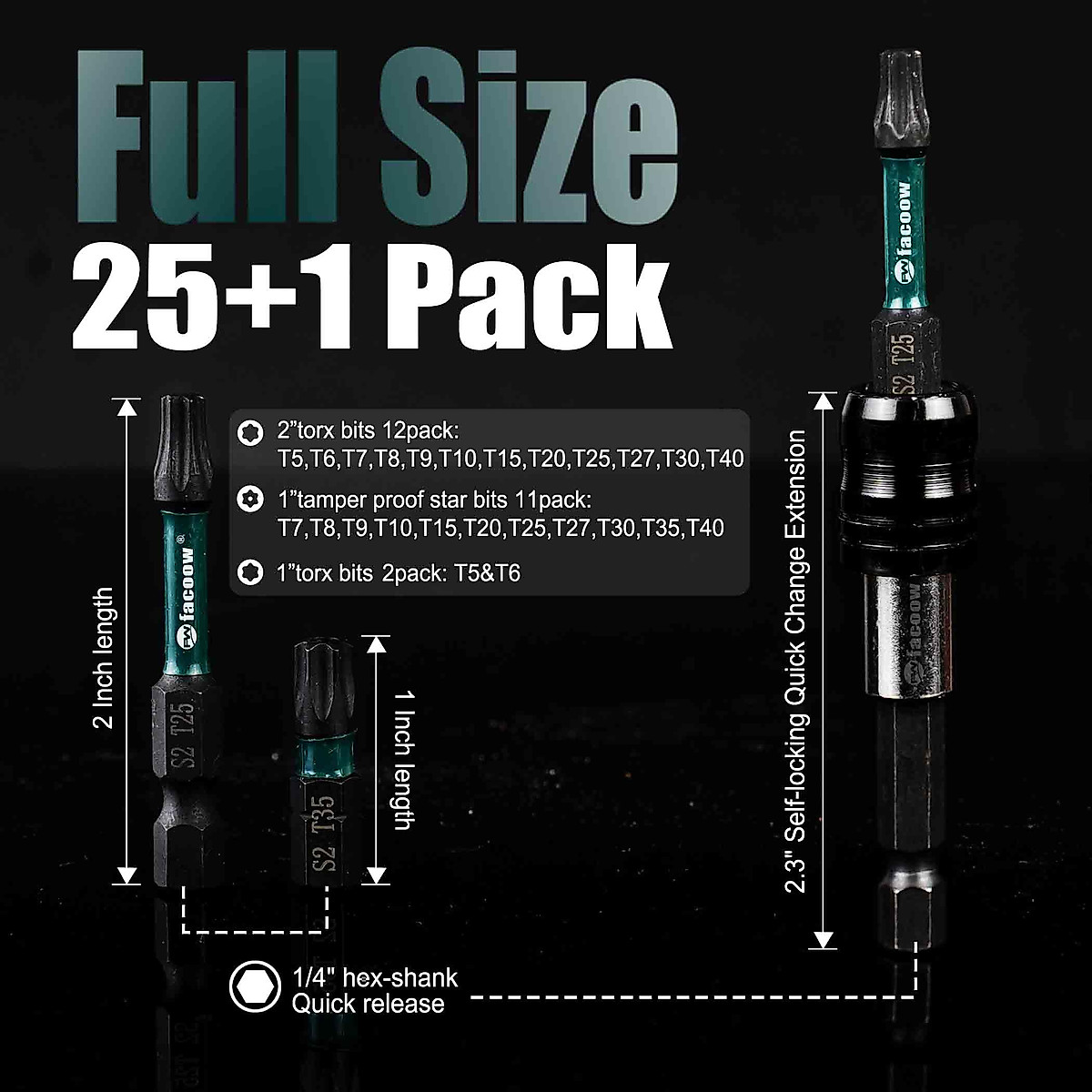 Facoow Torx Bit Set(T5-T40), 26 Pack Security Torx Bits Set with Magnetic Tips,Tamper Proof Star Bits Set S2 Alloy Steel, 1"&2" Long Impact Torque Bit Set & 2.3" Self-locking Quick Change Extension