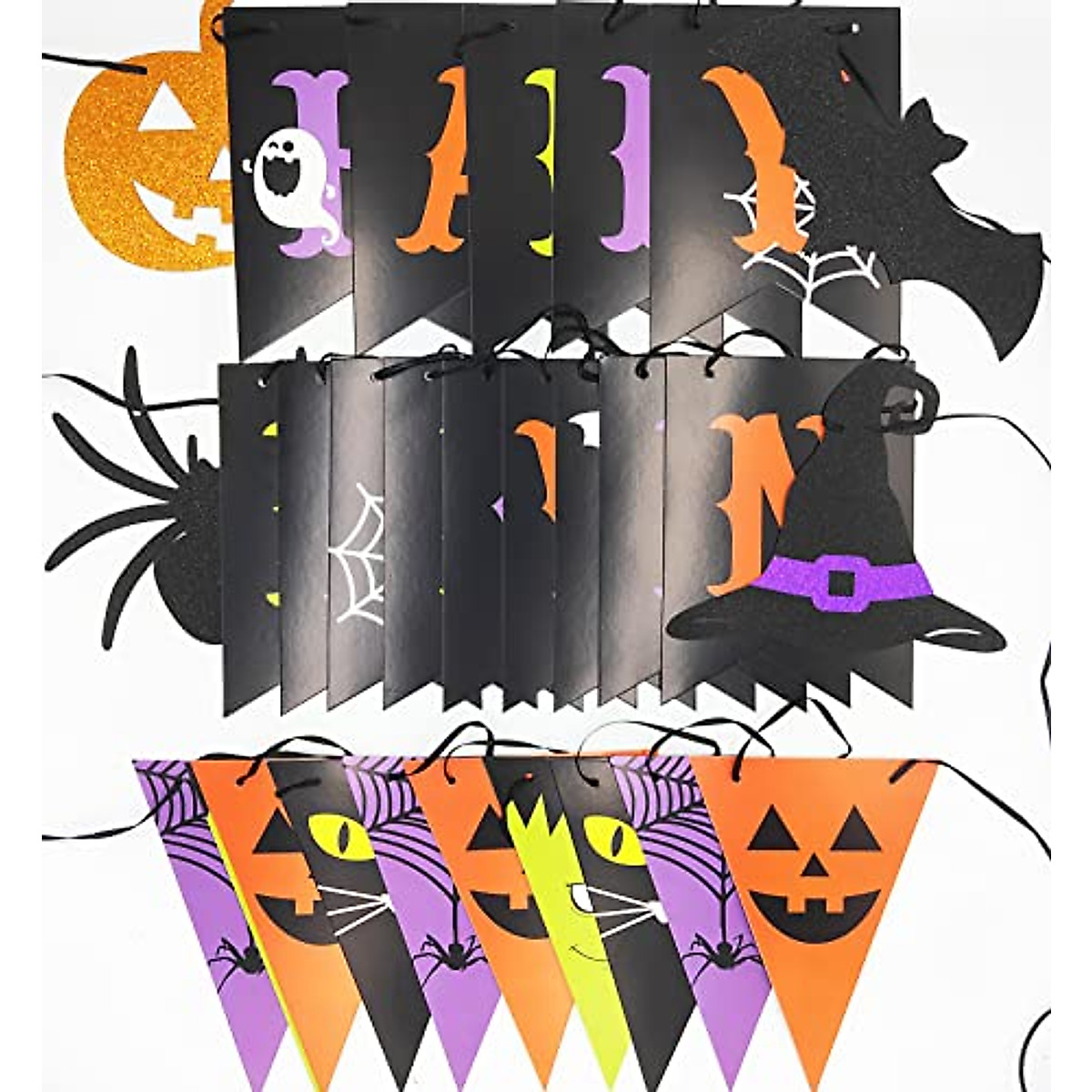 JKQ Colorful Happy Halloween Banner and Halloween Pattern Pennant Banner Halloween Paper Bunting Banner with Pumpkin Spider Bat Witch Hat Signs Halloween Haunted House Party Decorations for Wall