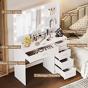 Keehusux Vanity Table with Mirror and Lights, 3 Lighting Colors, Bedroom Makeup Vanity with Charging Station, Makeup Desk with 5 Drawers and Open Storage Shelves, White KES001WSZT