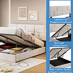 Anwickhomk Lift Up Storage Bed Queen Size Modern Upholstered Platform Bed with Headboard Wood Bed Frame with Hydraulic Storage System,Noiseless No Box Spring Needed, Easy Assembly (White)