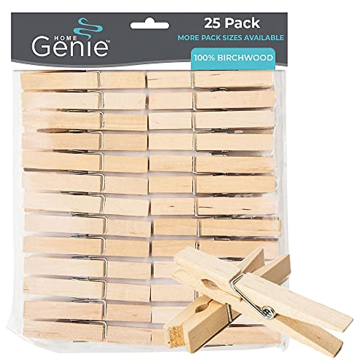 Home Genie Large Wooden Clothespins, 2.9", Natural Birchwood Rust and Moisture Resistant Clothes Pegs, Durable Wood Clothing Pins, Strong Grip, Laundry Clothesline, Bag Clips, Crafts, Photos, 25 Pack