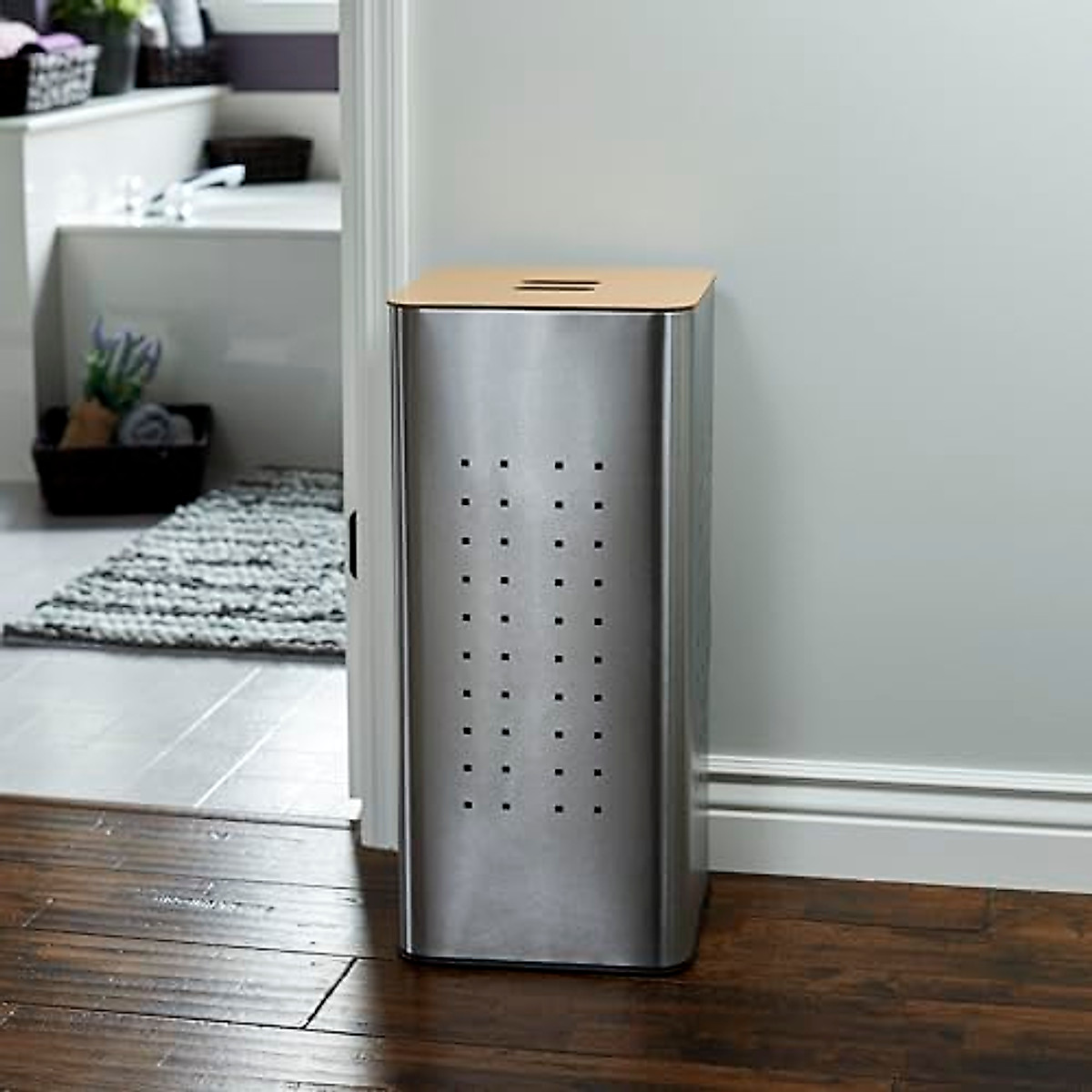 Household Essentials 7080-1 Square Metal Laundry Hamper -Removable Liner Bag and Wood Lid - Stainless Steel