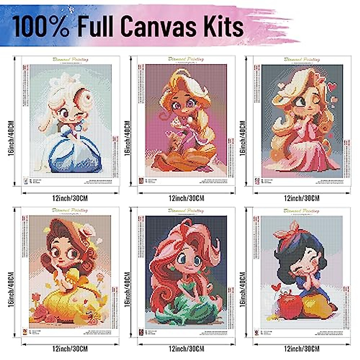 Mirztry 6 Pack Princess Diamond Painting Kits for Adults Kids Beginners, 5D Princess Diamond Art Kits for Adults Girls, Princess Paint by Diamonds Gem Painting Kits for Decor Gift (12x16 inch)