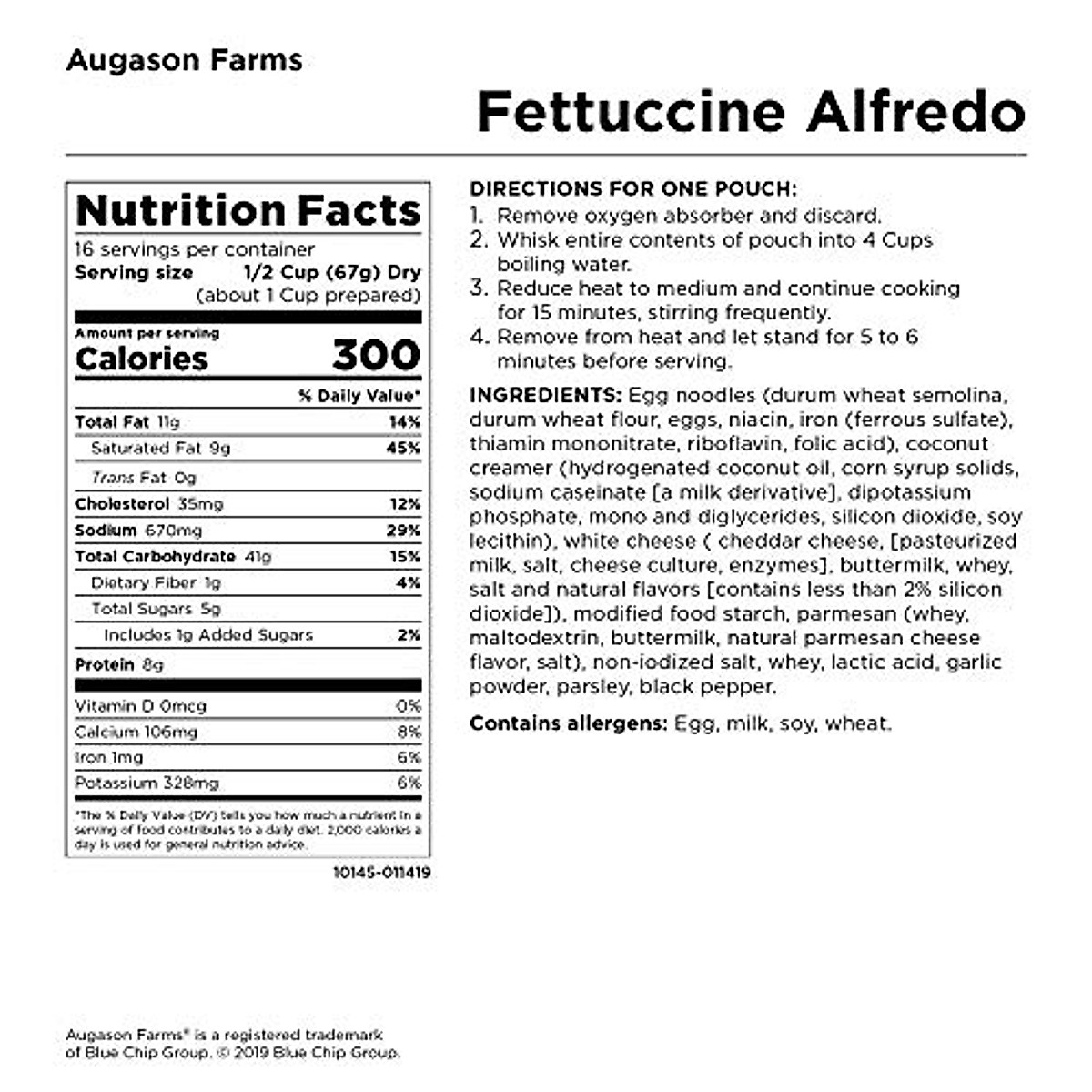 Augason Farms Fettuccine Alfredo Super CAN No. 10 Can with 4 Pouches Emergency Food Storage Everyday Meal Prep